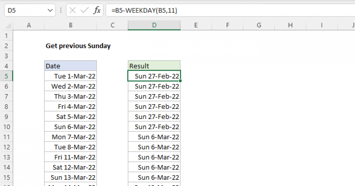 Get Previous Sunday Excel Formula Exceljet
